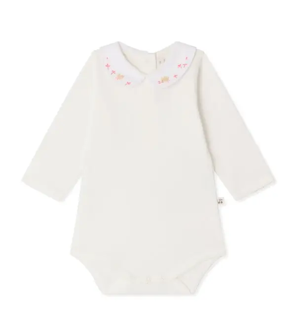 Bonpoint Organic Cotton Embroidered Cygne Bodysuit - White
