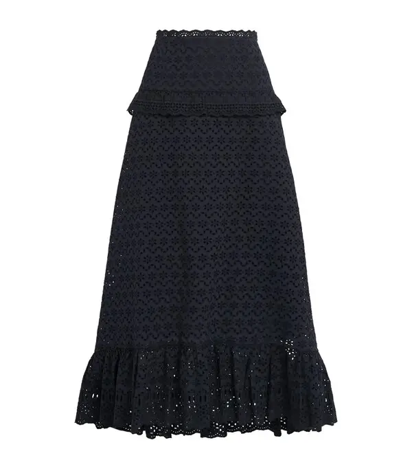 Ulla Johnson Broderie Anglaise Violetta Midi Skirt - Navy