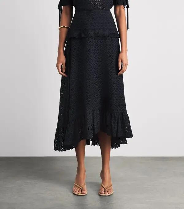 Ulla Johnson Broderie Anglaise Violetta Midi Skirt - Navy