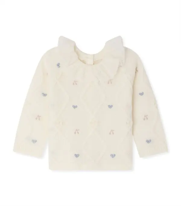 Bonpoint Embroidered Frill-collar Cardigan - Ivory