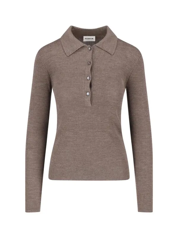 PAROSH Ribbed Knit Long Sleeve Polo Top