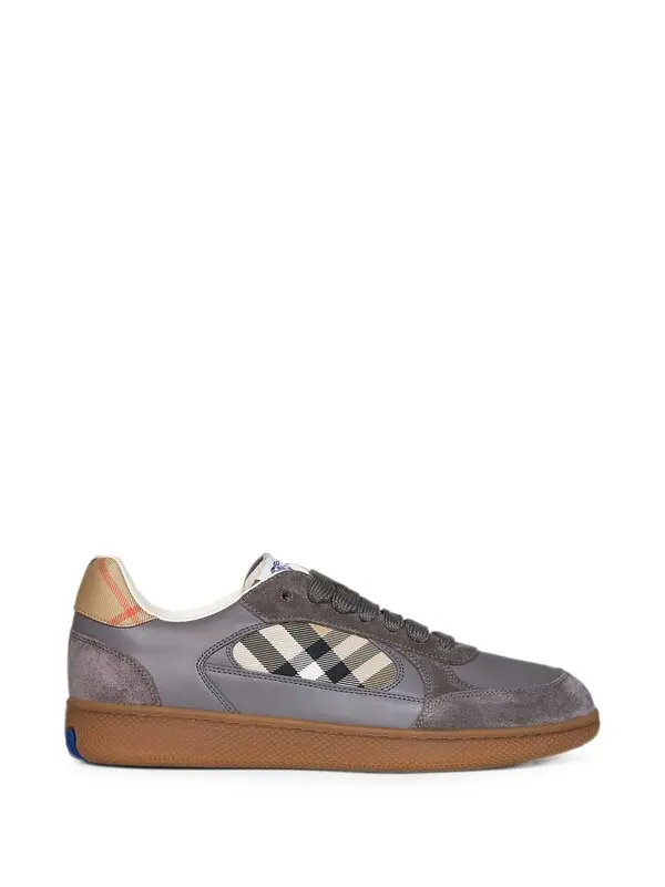 Burberry Contrasting Check Detail Leather Lace-up Sneakers With Equestrian Knight Design Label - Grigio