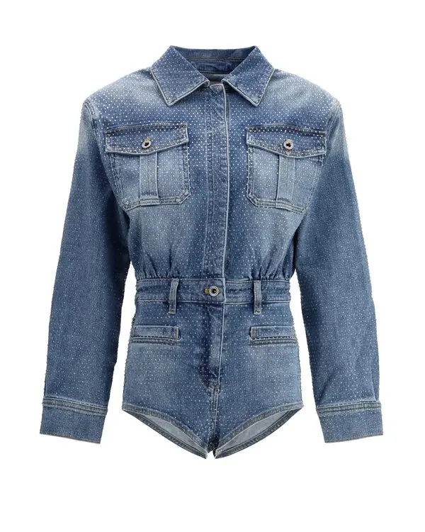 SELF-PORTRAIT Embellished Denim Jumpsuit - Blue