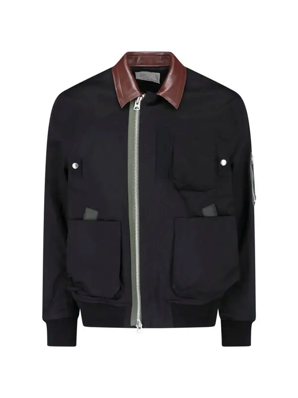 Sacai Engineered Panel Cotton Jacket With Nylon, Cowhide & Knit Trim - Black