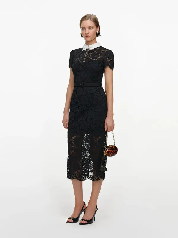 SELF-PORTRAIT Lace Midi Dress With Contrasting Collar And Embellished Buttons - Nero