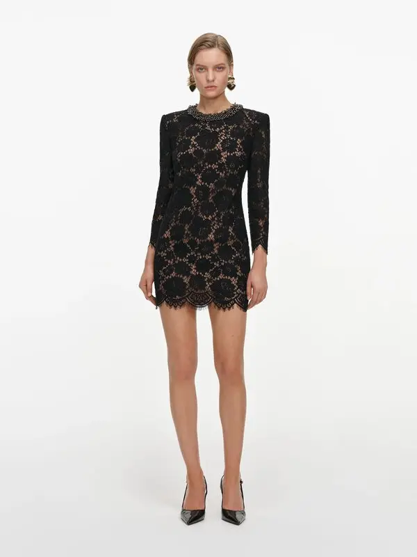 SELF-PORTRAIT Lace Mini Dress With Embellished Neckline - Nero
