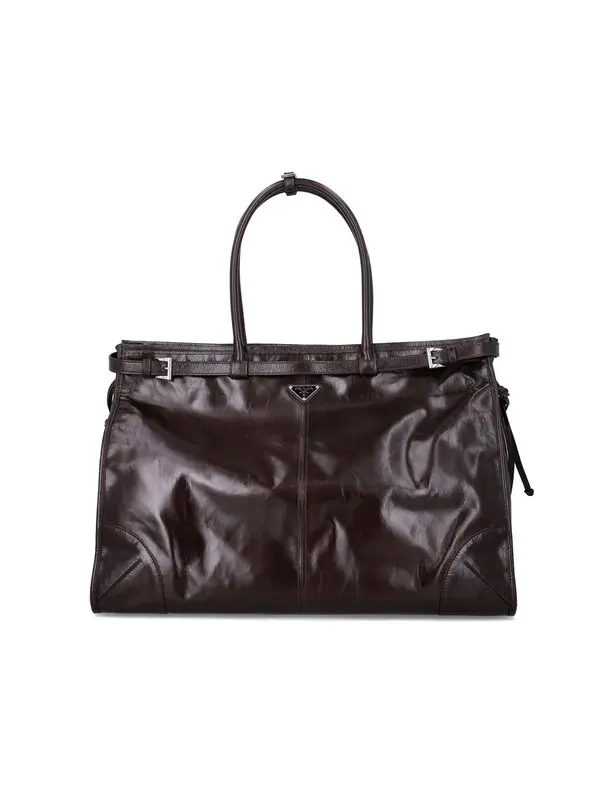 Prada Leather Tote Bag With Buckle Straps - Dark Moro