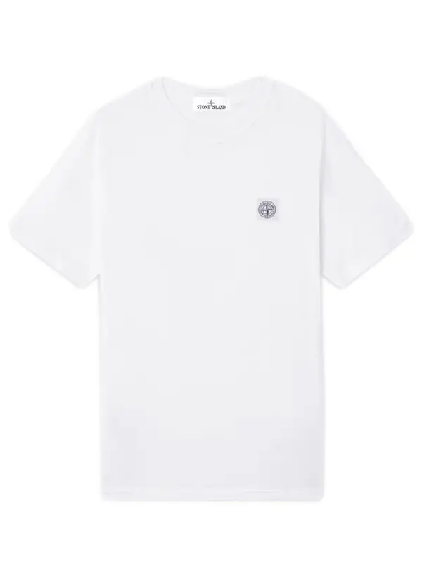 Stone Island Cotton Ribbed Crewneck T-shirt With Compass Logo Patch - Bianco