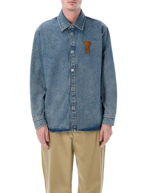 AMI Paris Indigo Cotton Shirt Jacket With Embroidered Logo - Mid Blue