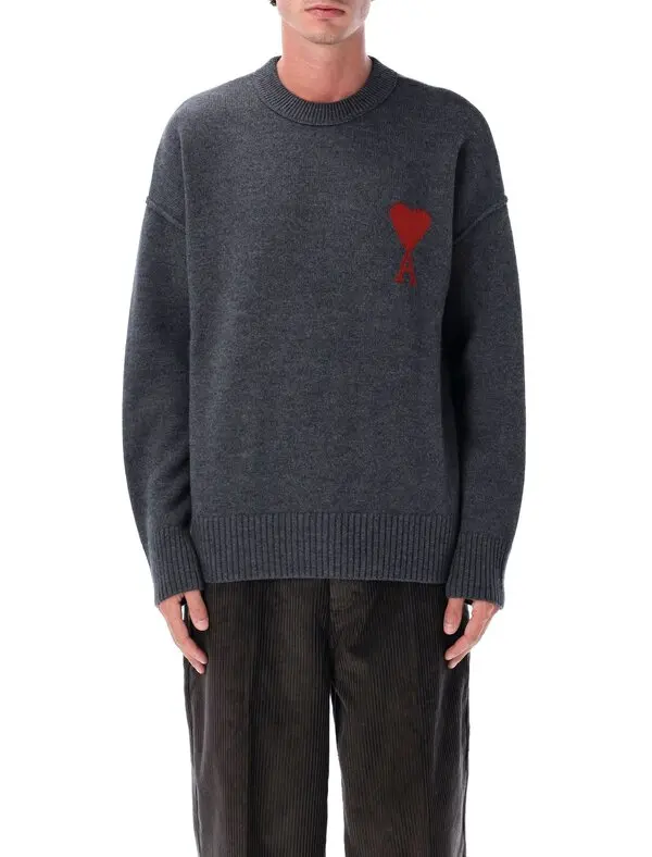 AMI Paris Wool Crewneck Sweater With Of Coeur Chest Intarsia - Grigio