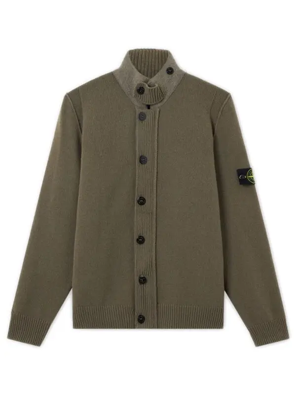 Stone Island Ribbed Wool Knit Stand-up Collar Zip Sweater With Felt Trim - Verde
