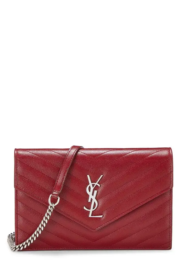 Saint Laurent Grained Calfskin Envelope Wallet On Chain - Red