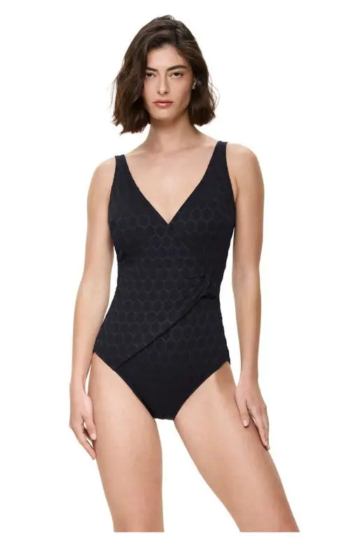 GOTTEX Chained Reaction Textured Surplice One-piece Swimsuit - Black