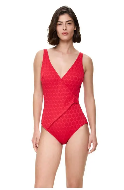 GOTTEX Chained Reaction Textured Surplice One-piece Swimsuit - Red