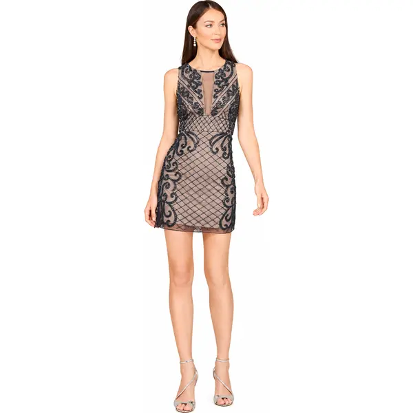 LARA NEW YORK Beaded Illusion Neckline Cocktail Dress - Navy