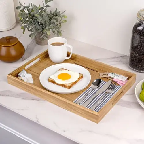 HAPPIMESS Soren W Handcrafted Large Acacia Wood Rectangular Serving Tray With Handles - Natural
