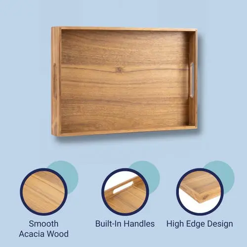 HAPPIMESS Soren W Handcrafted Large Acacia Wood Rectangular Serving Tray With Handles - Natural