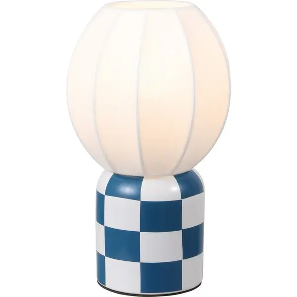 JONATHAN Y Valarie Contemporary Modern Checkerboard Ceramic With Ribbed Cocoon Globe Shade Led Mini Table Lamp - Navy/white
