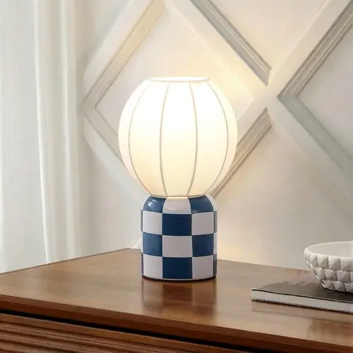 JONATHAN Y Valarie Contemporary Modern Checkerboard Ceramic With Ribbed Cocoon Globe Shade Led Mini Table Lamp - Navy/white