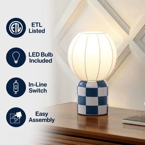 JONATHAN Y Valarie Contemporary Modern Checkerboard Ceramic With Ribbed Cocoon Globe Shade Led Mini Table Lamp - Navy/white