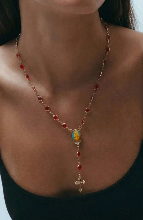 THE M JEWELERS The M Jeweler's 18k Gold Plated Rosary Necklace With Religious Icon Pendant And Cross Charm - Gold/red