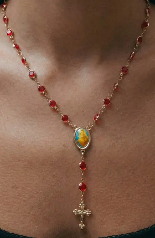 THE M JEWELERS The M Jeweler's 18k Gold Plated Rosary Necklace With Religious Icon Pendant And Cross Charm - Gold/red