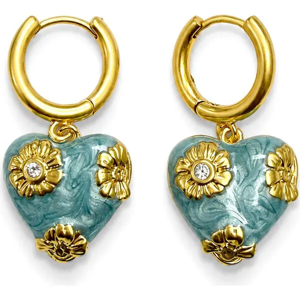 LA MENO Blue Petal Heart Dangle Hoop Earrings - Gold