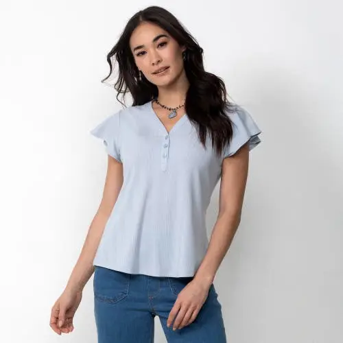 SINGLE STITCH Flutter Sleeve Henley - Soft Blue