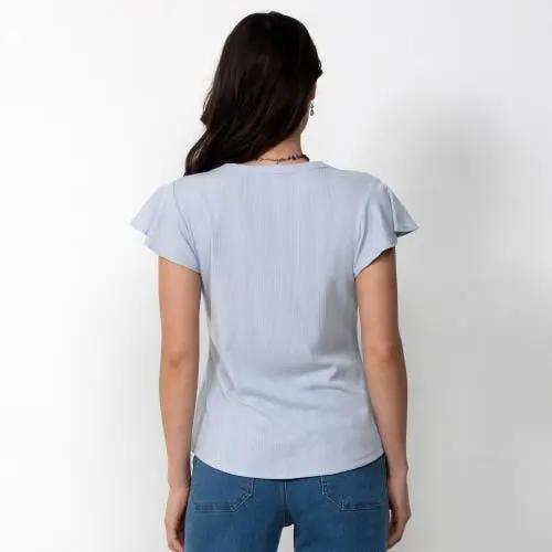 SINGLE STITCH Flutter Sleeve Henley - Soft Blue