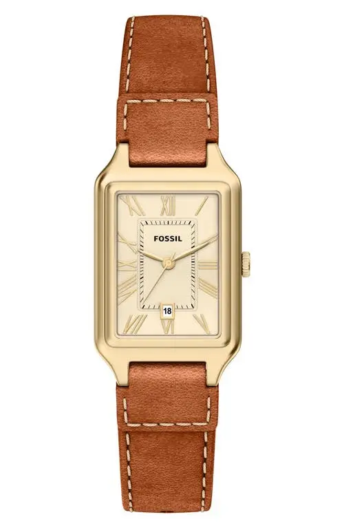 Fossil Raquel Rectangular Leather Strap Watch - Gold/tan