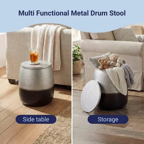HAPPIMESS Merida Modern Rustic Hammered Metal Drum Storage Side Table With Lid