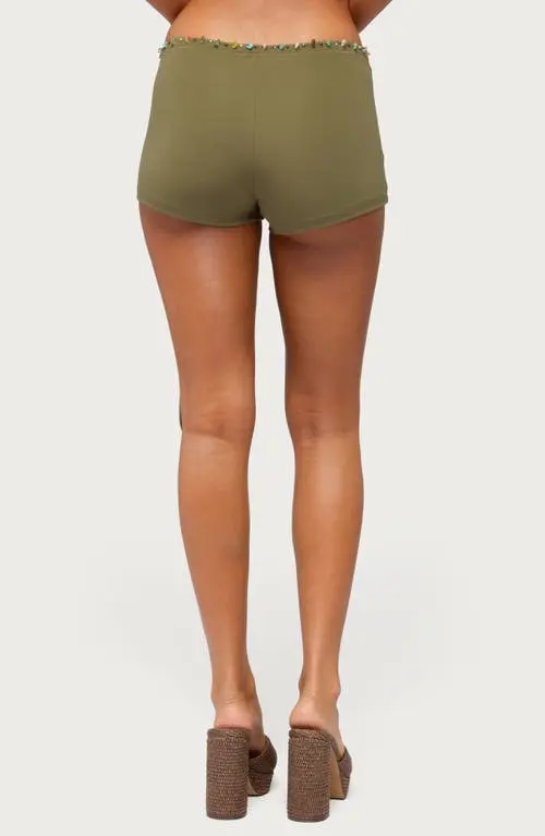 EDIKTED Monroah Beaded Low Rise Tie Waist Shorts