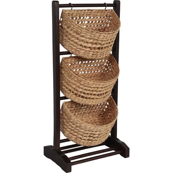 HAPPIMESS Havana Handcrafted Pine Wood 3-tier Floor Stand With Water Hyacinth Baskets Storage Rack - Brown