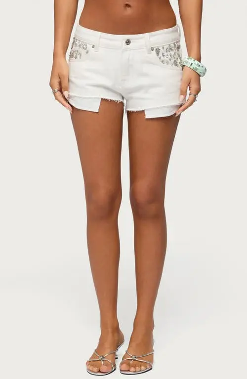 EDIKTED Gia Gem Low Rise Micro Denim Shorts - White