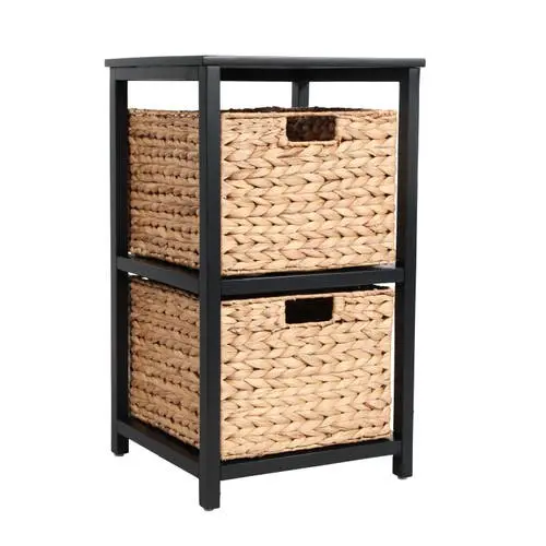 HAPPIMESS Cohen Coastal Bohemian Handcrafted Acacia Wood 2-tier Storage Cabinet With 2 Water Hyacinth Woven Baskets - Black