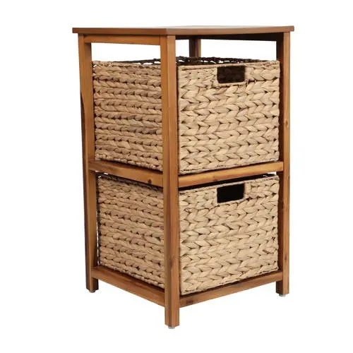 HAPPIMESS Cohen Coastal Bohemian Handcrafted Acacia Wood 2-tier Storage Cabinet With 2 Water Hyacinth Woven Baskets - Natural