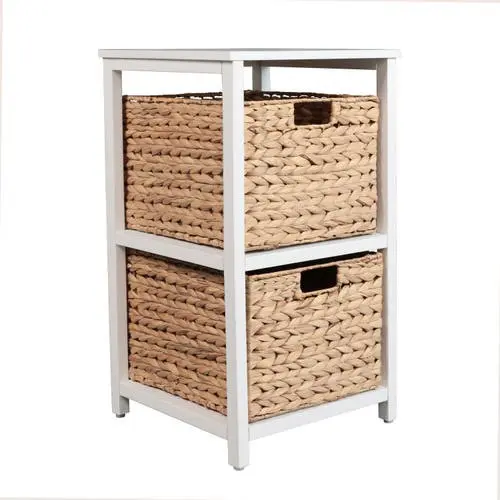 HAPPIMESS Cohen Coastal Bohemian Handcrafted Acacia Wood 2-tier Storage Cabinet With 2 Water Hyacinth Woven Baskets - White