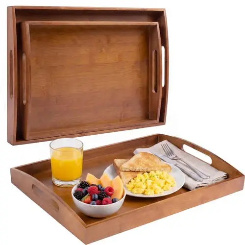 HAPPIMESS Elora Set Of 2 Handcrafted Nesting Serving Trays With Handles - Brown