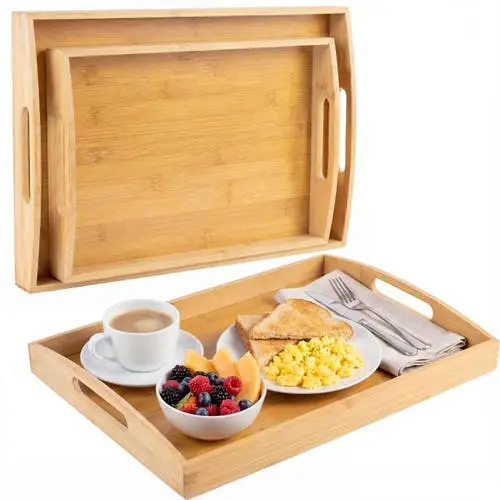 HAPPIMESS Elora Set Of 2 Handcrafted Nesting Serving Trays With Handles - Natural