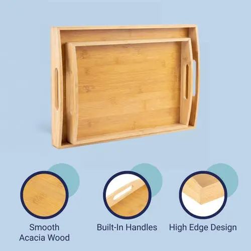 HAPPIMESS Elora Set Of 2 Handcrafted Nesting Serving Trays With Handles - Natural