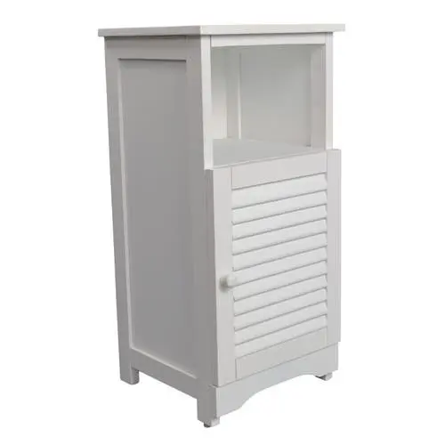 HAPPIMESS Serene Handcrafted Acacia Wood Bathroom Freestanding Floor Storage Cabinet With Louvered Door And Open Shelf - White