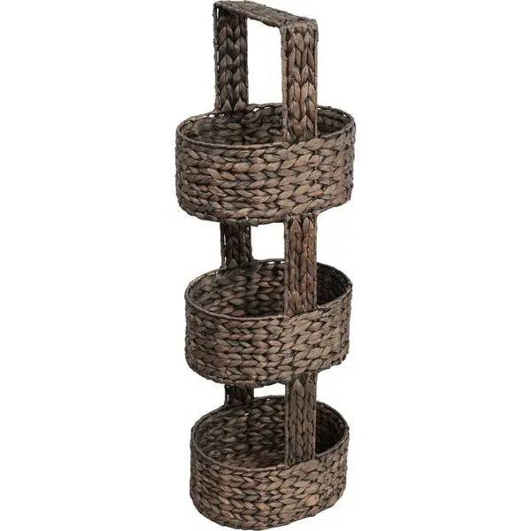 HAPPIMESS Riverbend Coastal Handwoven Water Hyacinth 3-tier Round Basket Freestanding Storage Tower Stand With Top Handle - Brown