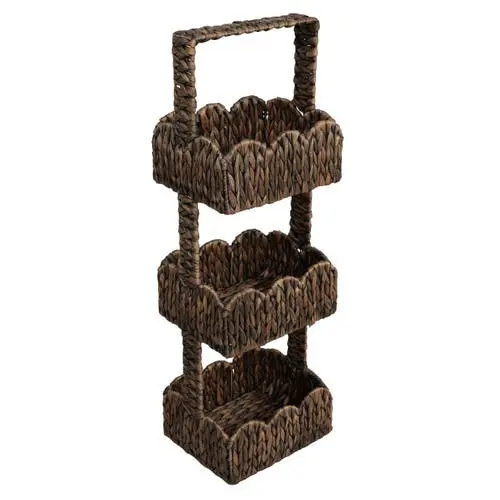 HAPPIMESS Terra Coastal Handwoven Water Hyacinth 3-tier Scalloped Basket Freestanding Storage Tower Stand With Top Handle - Brown