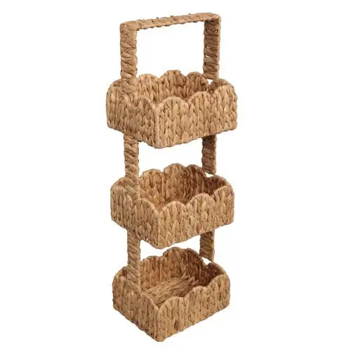HAPPIMESS Terra Coastal Handwoven Water Hyacinth 3-tier Scalloped Basket Freestanding Storage Tower Stand With Top Handle - Natural