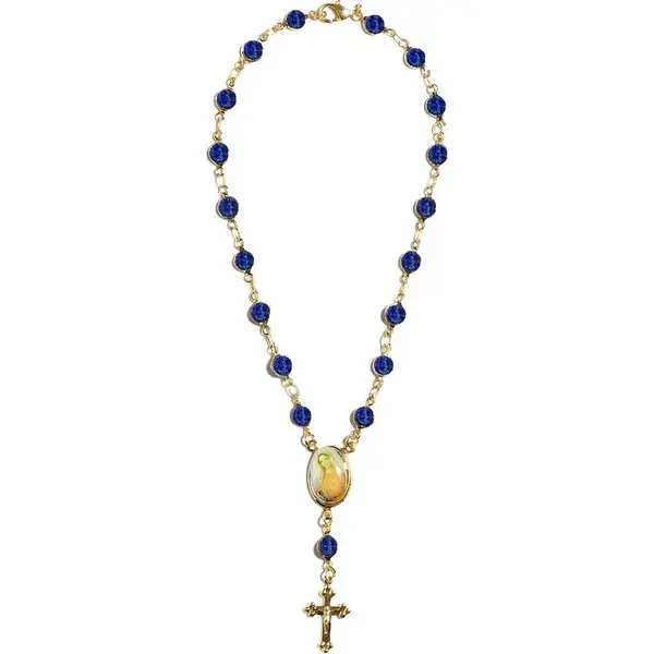 THE M JEWELERS 18k Gold Plated Rosary Anklet With Crucifix Pendant - Gold/dk Blue