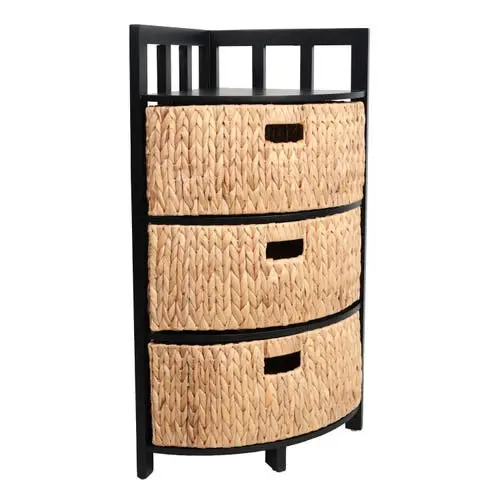 HAPPIMESS Quart Handcrafted Acacia Wood 3-tier Corner Storage Cabinet With 3 Water Hyacinth Baskets - Black