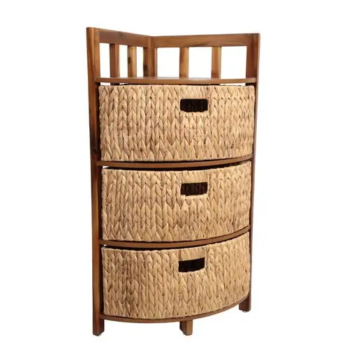 HAPPIMESS Quart Handcrafted Acacia Wood 3-tier Corner Storage Cabinet With 3 Water Hyacinth Baskets - Natural