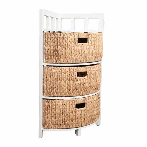 HAPPIMESS Quart Handcrafted Acacia Wood 3-tier Corner Storage Cabinet With 3 Water Hyacinth Baskets - White