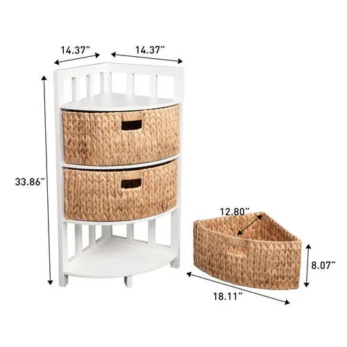 HAPPIMESS Quart Handcrafted Acacia Wood 3-tier Corner Storage Cabinet With 3 Water Hyacinth Baskets
