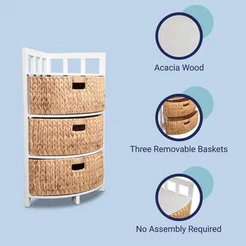 HAPPIMESS Quart Handcrafted Acacia Wood 3-tier Corner Storage Cabinet With 3 Water Hyacinth Baskets